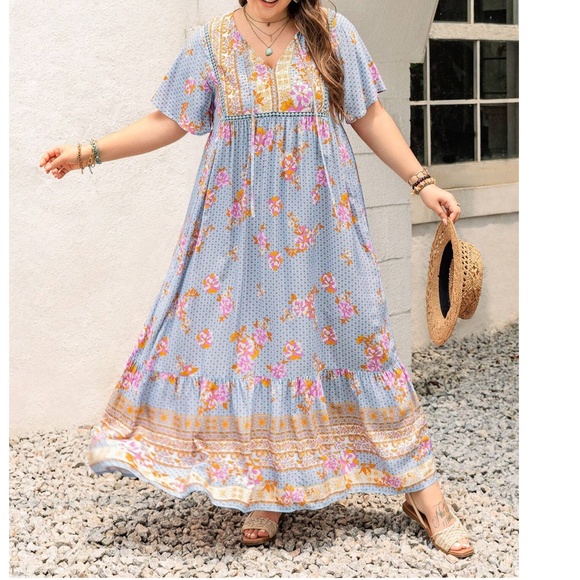 Dresses | Plus Colorful Floral Print Neck Tie Short Sleeve Maxi Dress ...